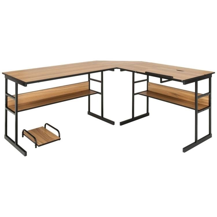 Modern Corner L-Shaped Computer Desk Tilt Tabletop Walnut Bl
